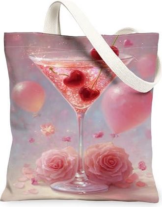 Generic Sacs fourre-tout en toile florale de Saint-Valentin, motif cerises en forme de coeur, sacs d&eacute;picerie r&eacute;utilisables, l&eacute;gers et lavables, p&ecirc;che, 13x15 I