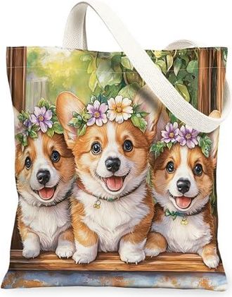 Generic Spring Corgi Sac fourre-tout en toile pour faire du shopping 33 x 38,1 cm, sac r&eacute;utilisable &agrave; motif imprim&eacute; de plantes en pot pour femme, animal domes