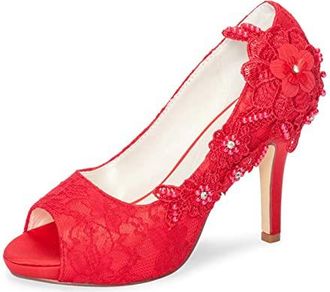 Emily Bridalwear Chaussures de Mariage Chaussures de Mariage en Dentelle Chaussures de mariée à Talons Hauts en Dentelle Peep Toe (EU38, Rouge)