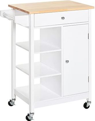 HOMCOM Desserte Cuisine, Chariot de Service, Chariot de Rangement à roulettes avec Placard, tiroir, 3 étagères Ouvertes et Porte-Serviettes, 66 x 39,5 x 86,5