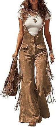 Generic Salopette vintage en faux daim pour femme, combinaison &agrave; franges en faux daim, salopette &agrave; franges occidentales &agrave; jambes larges, marron, M