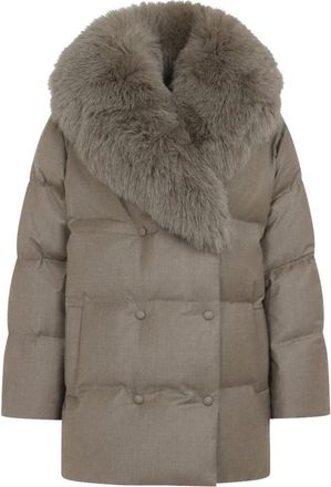 Yves Salomon Doudoune en laine et soie avec col en fourrure - Femme - Vestes - Beige - Taille: 38 FR
