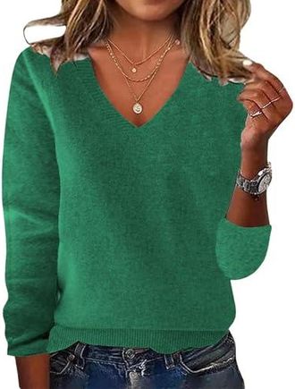 Generic Pulls en cachemire confortables pour femmes, col en V, automne 2025, d&eacute;contract&eacute;s, classiques, coupe ajust&eacute;e, pull basique, l&eacute;ger, chaud, Vert, XXL