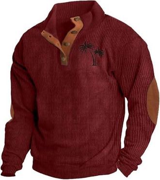 Generic Pull en velours côtelé pour homme à manches longues avec bouton 1/4 - Pull décontracté pour le sport, lautomne et lhiver, bordeaux, 4XL