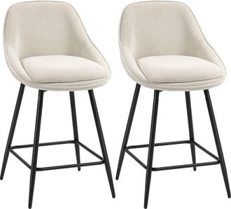 HOMCOM Lot de 2 tabourets de bar en tissu velours c&ocirc;tel&eacute;, chaises de bar avec dossier courb&eacute;, repose-pieds, 49x52x88cm, cr&egrave;me-Cr&egrave;me