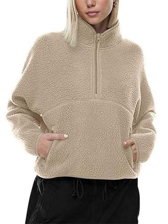 Generic Chandail court en polaire pour femme avec demi-fermeture &eacute;clair et poches, kaki clair, XXL