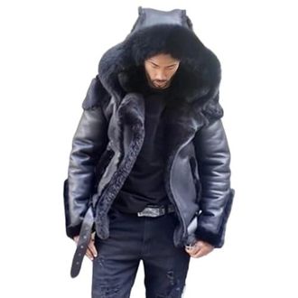 Generic Blouson aviateur en similicuir avec capuche pour homme - Chaud - Col en fausse fourrure - Manteau dhiver d&eacute;contract&eacute; - V&ecirc;tement dext&eacute;rieur, Noir, XXL