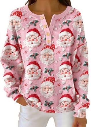 Generic Chandail de Noël surdimensionné à col en V et boutons pour femme, pull de Noël décontracté à manches longues, motif amusant de Noël, pull à manches lo