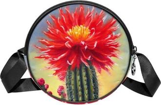 Generic Sac &agrave; bandouli&egrave;re rond pour femme, motif cactus rouge, petit sac &agrave; bandouli&egrave;re avec fermeture &eacute;clair, bretelles r&eacute;glables, sac &agrave; main rond d&eacute;contract&eacute;