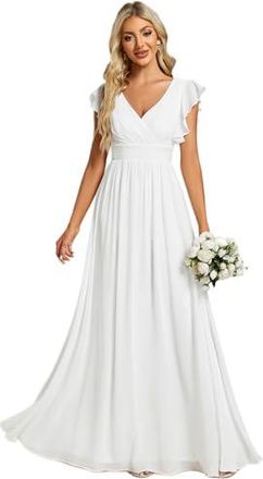 Ever-pretty Robe de Soirée Dos Nu pour Femme Manches Volantées Mousseline Col V Plissé Robe de Demoiselle dhonneur Longue Élégante Blanc 44