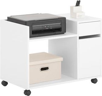 SoBuy Meuble Imprimante avec roulettes Caisson de Bureau avec Tiroir et Porte Support Imprimante à Poser Meuble de Rangement Bureau Compact Blanc 72x40x54cm