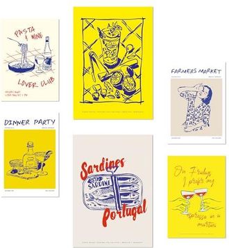 Nacnic Lot de 6 Affiches Illustrations de nourriture et de manger style pop art jaune illustration design pour d&eacute;corer les murs de la maison. Chambres, burea