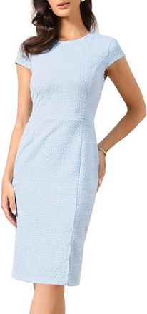 Allegra K Robe Crayon en Tweed Femme Col Rond Manches Cape Robe Moulante Vintage &Eacute;l&eacute;gante Robe Midi &agrave; Carreaux Bleu Clair XL