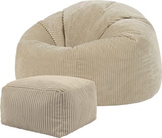 Icon Brand Kingston Sitzsack mit Hocker Cord, Beige, Sitzsack Erwachsene mit F&uuml;llung, Bean Bag, Cord Sessel, Lounge Sessel, Lounge Stuhl, Schlafzimmer, Wohnzimme