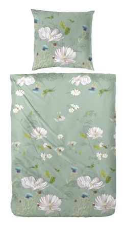 Primera Mako-Satin Bettw&auml;sche 135x200 Blumenwiese rauchgr&uuml;n wei&szlig; lila 243213-55