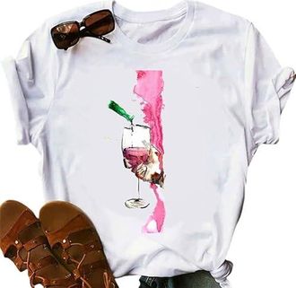 Keephen Verre &agrave; Vin T-Shirt pour Femmes Nouveaut&eacute; Verre &agrave; Vin Impression 3D T-Shirts &Eacute;t&eacute; Col Rond Manches Courtes Chemises &Eacute;t&eacute; Tee Casual Tops