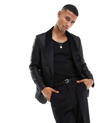 Gianni Feraud Anzugjacke in Schwarz mit engem Schnitt, Revers aus Samt und Paisleymuster