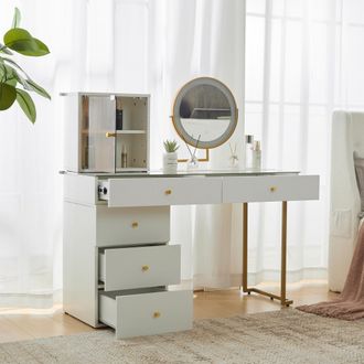 Merax Moderner Schminktisch mit LED-Spiegel & Glasplatte - Eleganter Kosmetiktisch mit Glastischplatte, Seitenschrank & Stauraum, weißer Schminktisch mit Me