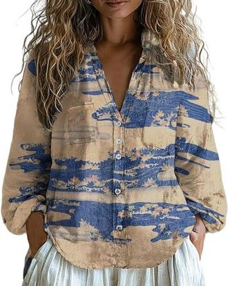 Generico Chemise Femme D&eacute;contract&eacute;e &agrave; Manches Longues Chemises en Lin Coton Courb&eacute; Grande Taille Chemisier Col en V Classique Blouse Vintage Imprim&eacute; avec Bouto