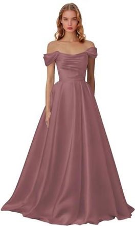 Generic Robe de bal longue fronc&eacute;e en satin &agrave; &eacute;paules d&eacute;nud&eacute;es pour femme avec poches, vieux rose, 54 Grande taille