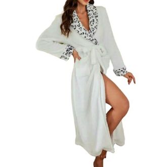 Generic QXDZSW Peignoir en flanelle doubl&eacute; polaire pour femme Automne Hiver Rose Rouge contrast&eacute; Imprim&eacute; l&eacute;opard, blanc, XL