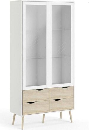 Dmora Vitrine mit zwei aufklappbaren Glastüren und vier Schubladen, Weiß und Eiche, Maße 98 x 200 x 39 cm - Dmora