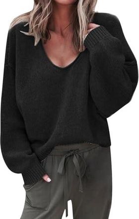 Generic Pull d&eacute;contract&eacute; chaud &agrave; col en V et manches longues pour femme - Automne et hiver, Noir, M