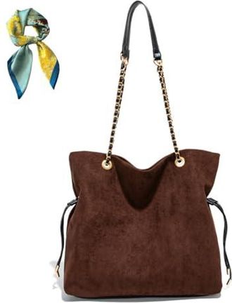 Generic Women Faux Suede Slouchy Tote with Chain Strap,Retro Large Brown Shoulder Bags,Drawstring Fall Purse Crossbody Bag (Coffee)