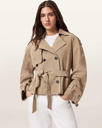 AllSaints Reed - Kurzer Trenchcoat aus Wildleder in Taupe mit G&uuml;rtel-Brown