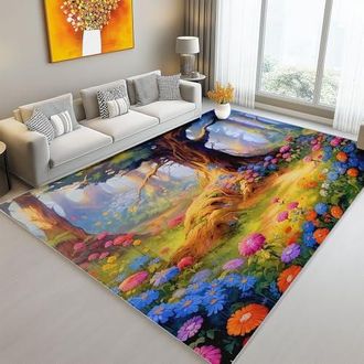 Generic Multicolore Lavable en Machine Tapis Salon Fantaisie Jardin Arbres, 160 x 230 cm Doux Tapis de Sol Pelucheux Dessous Antid&eacute;rapant, Entree Interieur Ch