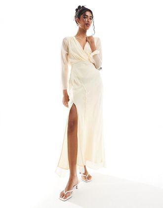 Asos Midikleid in Buttermilch mit Wickeloptik vorne und Ziern&auml;hten-Gelb