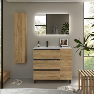 Cygnus Bath Meuble de salle de bain BEQUIA PLUS METAL 3C 90cm Ch&ecirc;ne Vasque Porcelaine Robinet &agrave; gauche 1P