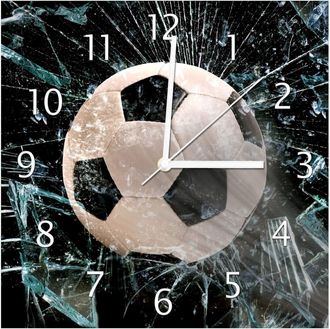 Wallario Design-Wanduhr Fußball - im Fenster, Splitter und Glas aus Glas, Motiv-Uhr Größe 30 x 30 cm, weiße Zeiger