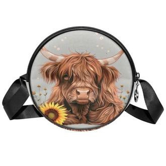 Generic Sac &agrave; bandouli&egrave;re rond pour femme, motif vache et tournesol avec fermeture &eacute;clair et bretelles r&eacute;glables