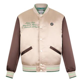 Philipp Plein Gl&auml;nzender Satin College Bomber Signature Monte Carlo - - Jackets - Herren - Beige - L