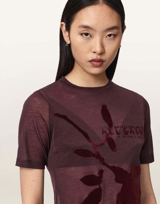 AllSaints Athea transparentes T-Shirt in Burgunderrot