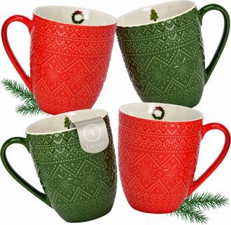 Matches 21 Kaffeetassen 4er Set in Rot & Gr&uuml;n mit Winter Design - Jumbo Weihnachts-Tassen aus Porzellan 410 ml