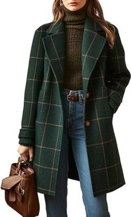 Generic Manteau dhiver &agrave; col crant&eacute; pour femme, trench d&eacute;contract&eacute; &agrave; carreaux mi-longue, blazer &agrave; simple boutonnage (vert, 4XL)