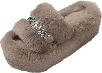 Generic Pantoufles &agrave; bout ouvert pour femme - Chaudes et d&eacute;contract&eacute;es - &Eacute;l&eacute;gantes - Couleur unie - Strass - Semelle &eacute;paisse - Confortables - En fourrure - Po
