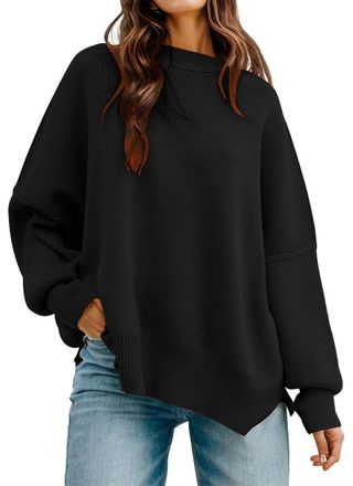 OLIPHEE Einfarbig Strickpullover Damen mit Geschlitztem Saum Rundhals Pullover Damen Herbst Winter Elegant Sweater Damen Strick Aschwarz S