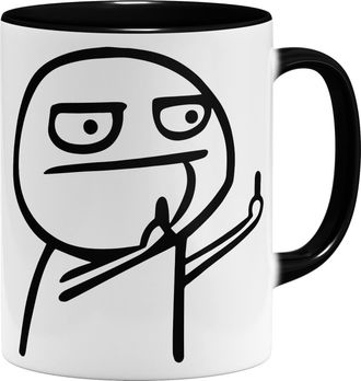 OM3 Internet Troll Flip Off Meme Kaffee-Tasse mit Mittelfinger - Keramik Becher - 325ml - Beidseitig Bedruckt - Schwarz