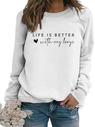 Generic Life Is Better with My Boys Sweat-shirt &agrave; col rond et manches longues pour femme Mom Life Pull graphique Mama Mother Pull Tops (UK, Alpha, S, standard