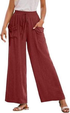 Generic Pantalon en coton et lin pour femme - Jambe large - Pantalon de plage d&eacute;t&eacute; confortable - Pantalon de yoga Palazzo - XIYU26072, Rouge, XXL