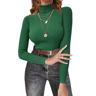 Generic Pull &agrave; col roul&eacute; pour femme, pull dhiver ajust&eacute; &agrave; manches longues en tricot c&ocirc;tel&eacute; confortable, vert fonc&eacute;, XL