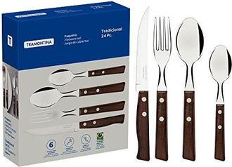 Tramontina Besteckset TRADICIONAL für 6 Personen, 24-teilig, Steakbesteck, Steakmesser mit Wellenschliff, Menügabeln, Menülöffel, Kaffeelöffel, Naturholzgriffe