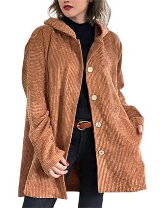 Generic Veste décontractée à capuche en velours côtelé à manches longues pour femme, veste ample en velours côtelé avec capuche, manches longues, couleur unie