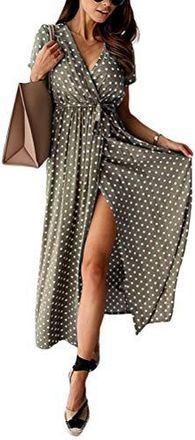 Minetom Femme Polka Dot Robes Longues À Manches Courtes V Cou Robe Portefeuille Robe Longue Boheme Sexy Chic Casual Maxi Robe de Plage Soirée Vert XXL