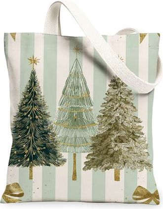 Generic Sacs fourre-tout en toile motif sapin de No&euml;l, sacs d&eacute;picerie r&eacute;utilisables, l&eacute;gers et lavables avec bandouli&egrave;re en toile F, Vert, 13x15 Inch