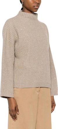 Brunello Cucinelli Femme, Pulls, Beige, Taille: 36 FR Pull &agrave; Col Montant et Sequins C&ocirc;tel&eacute;