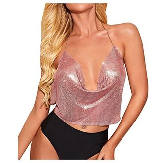 Generic D&eacute;bardeur dos nu pour femme, haut court &agrave; paillettes pour femme, coupe ample, gilet brillant, dos nu, l&eacute;ger, costume de danse du ventre, tenue de fest